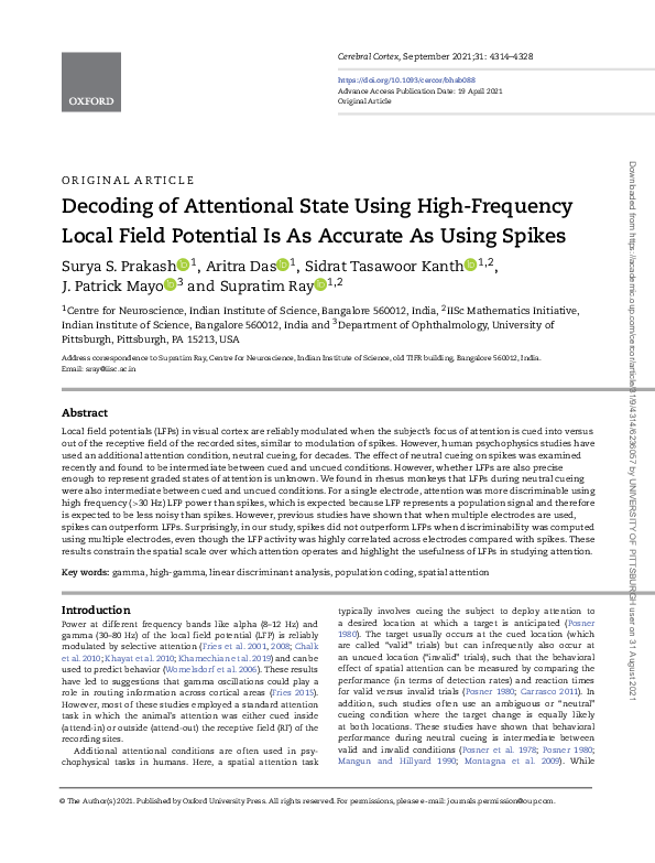 Pdf Decoding Of Attentional State Using High Frequency Local Field Potential Is As Accurate As