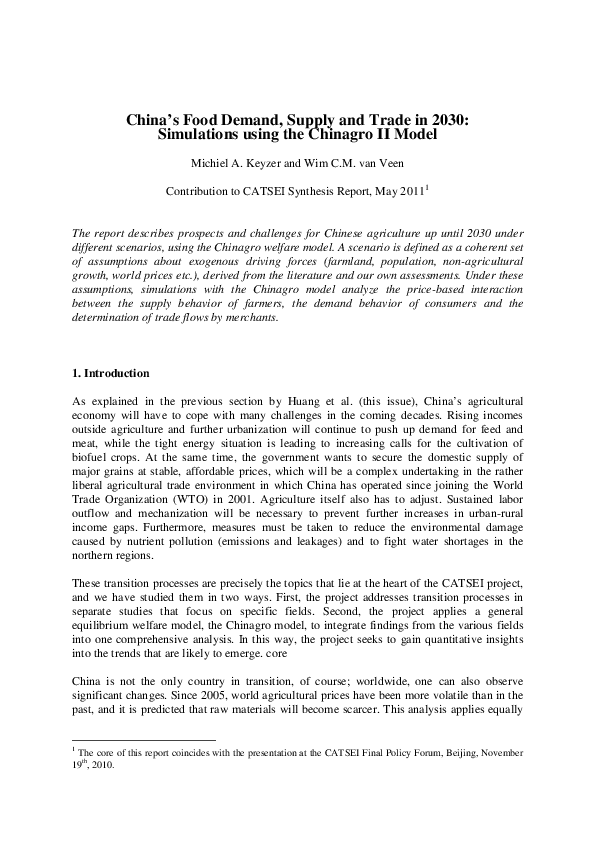 (PDF) China's Food Demand, Supply and Trade in 2030: Simulations using ...