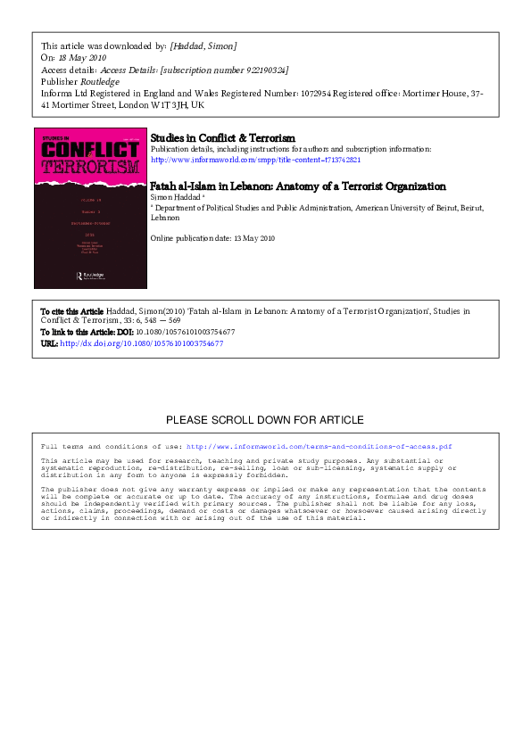 (PDF) Fatah al-Islam in Lebanon: Anatomy of a Terrorist Organization