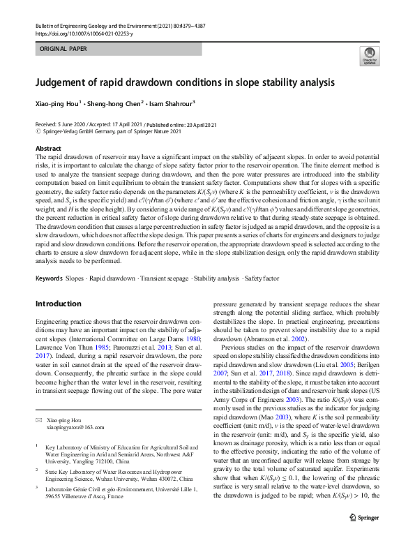 (PDF) Judgement of rapid drawdown conditions in slope stability analysis