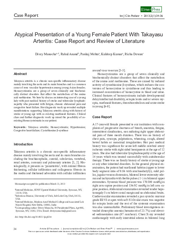 (PDF) Case Report Atypical Presentation of a Young Female Patient With Takayasu Arteritis: Case ...