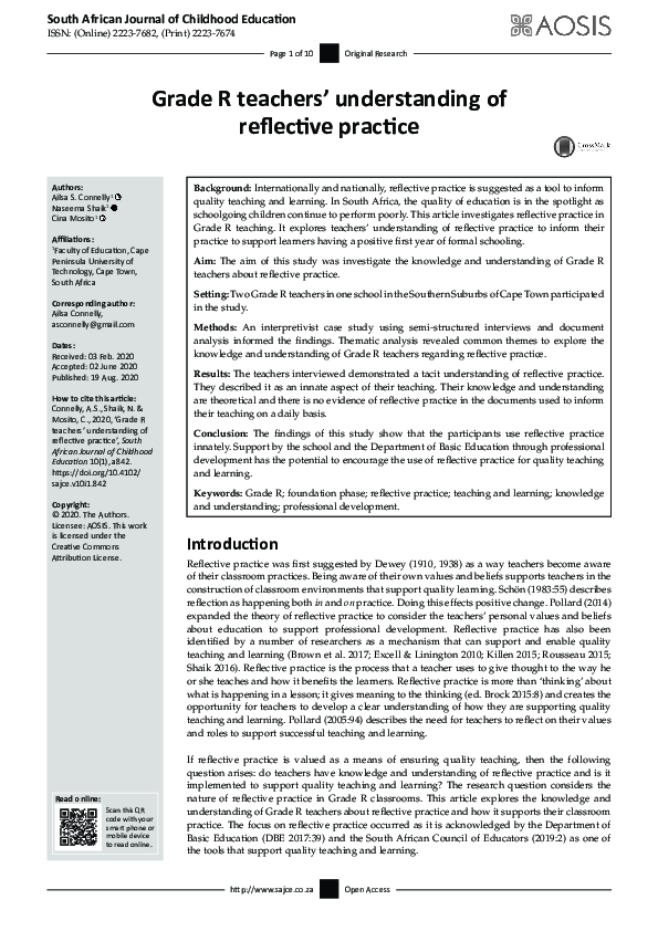 (PDF) Grade R teachers’ understanding of reflective practice