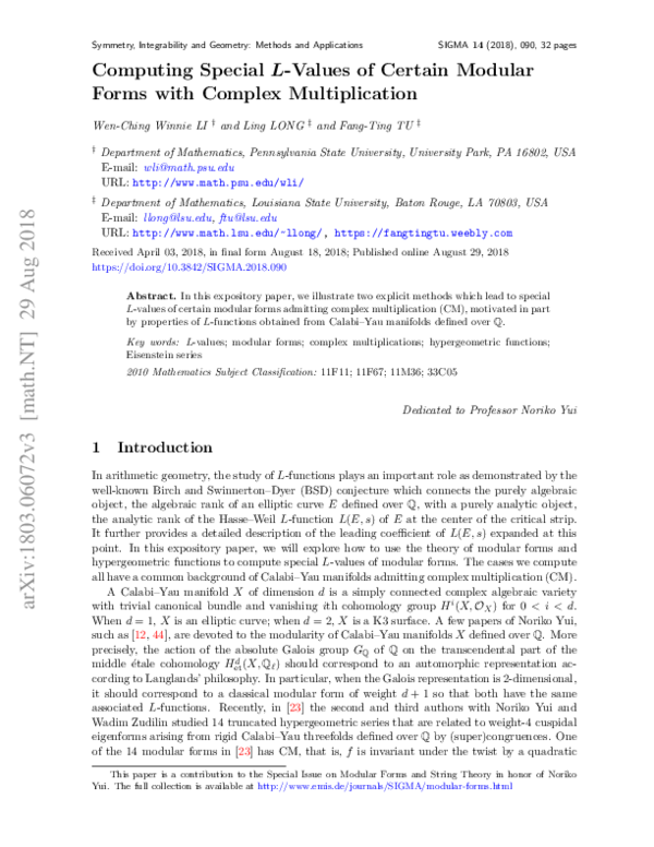 Pdf Computing Special L Values Of Certain Modular Forms With Complex