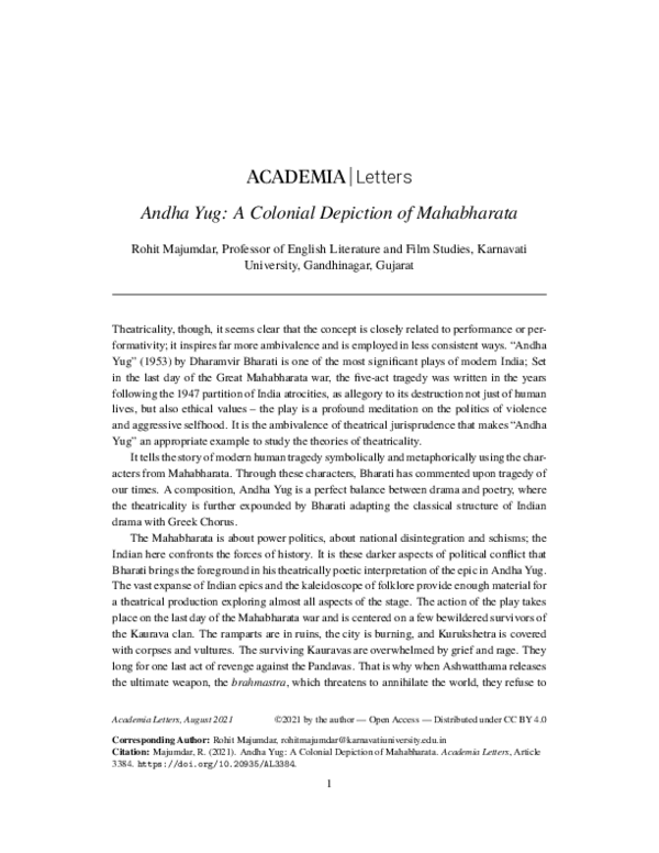 (PDF) Andha Yug: A Colonial Depiction of Mahabharata