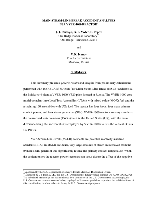 (PDF) Main-Steam-Line-Break Accident Analyses in a VVER-1000 Reactor