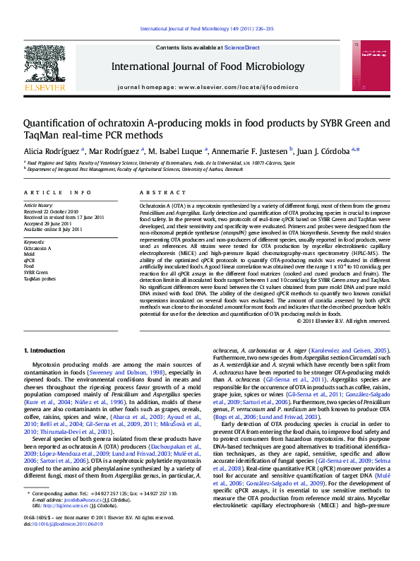 (PDF) Quantification of ochratoxin A-producing molds in food products by SYBR Green and TaqMan ...