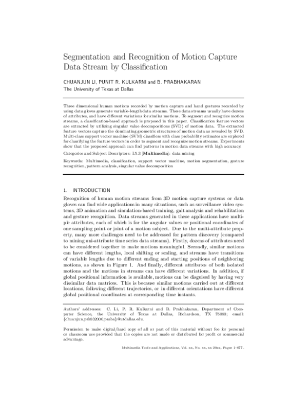 Pdf Segmentation And Recognition Of Motion Capture Data Stream By
