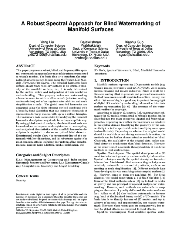 (PDF) A robust spectral approach for blind watermarking of manifold ... (PDF) A robust spectral approach for blind watermarking of manifold ...