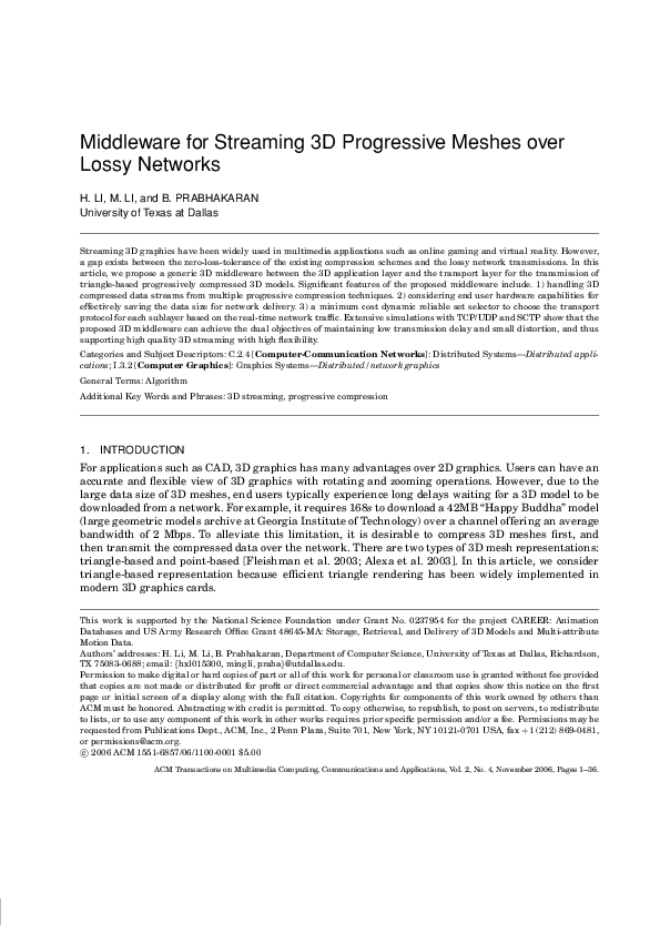 (PDF) Middleware for streaming 3D progressive meshes over lossy networks