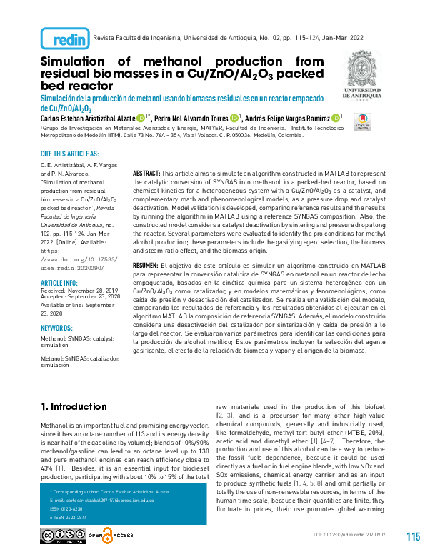 (PDF) Simulation of methanol production from residual biomasses in a Cu ...
