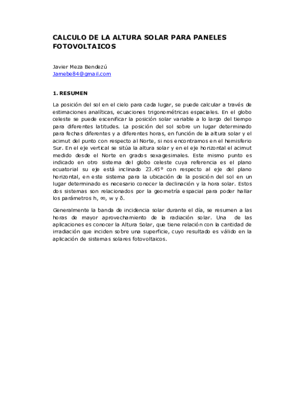 (PDF) CALCULO DE LA ALTURA SOLAR PARA PANELES FOTOVOLTAICOS