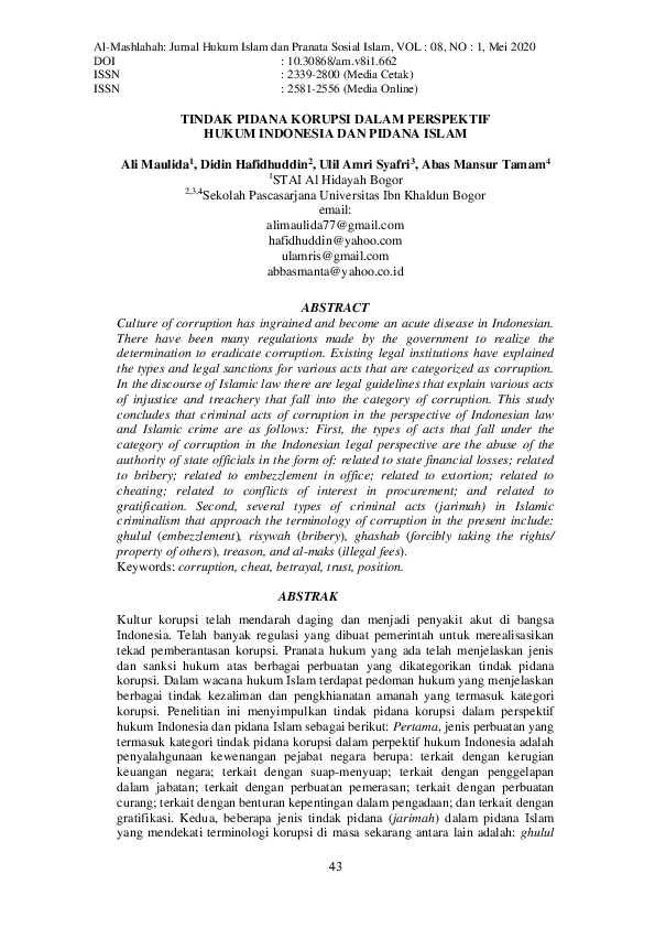 (PDF) TINDAK PIDANA KORUPSI DALAM PERSPEKTIF HUKUM INDONESIA DAN PIDANA ISLAM