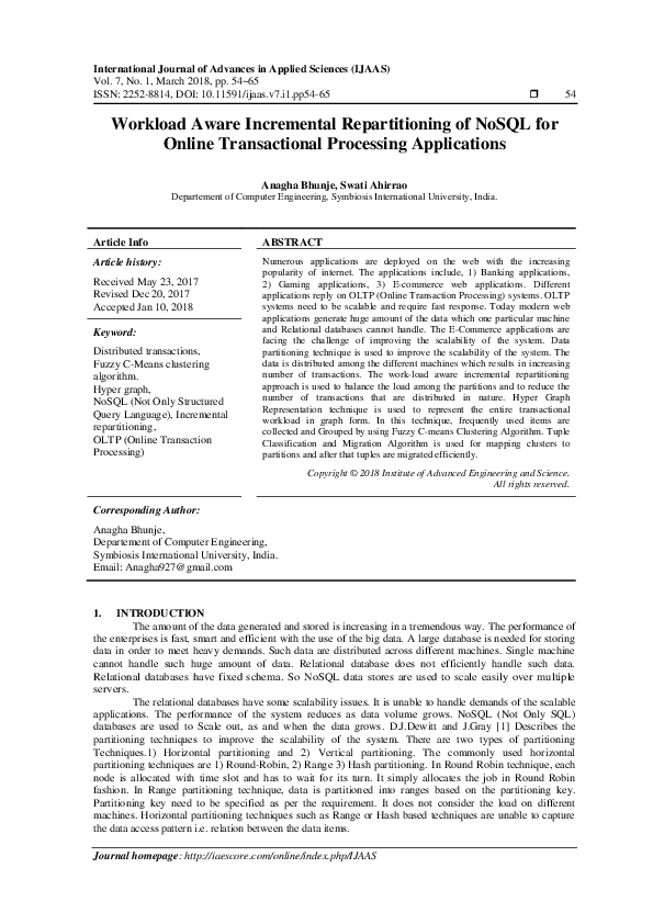 Pdf Workload Aware Incremental Repartitioning Of Nosql For Online