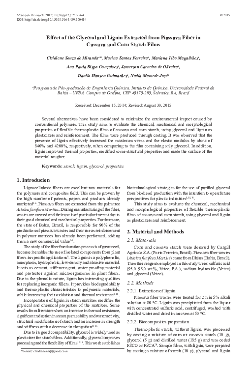 (PDF) Effect of the Glycerol and Lignin Extracted from Piassava Fiber ...
