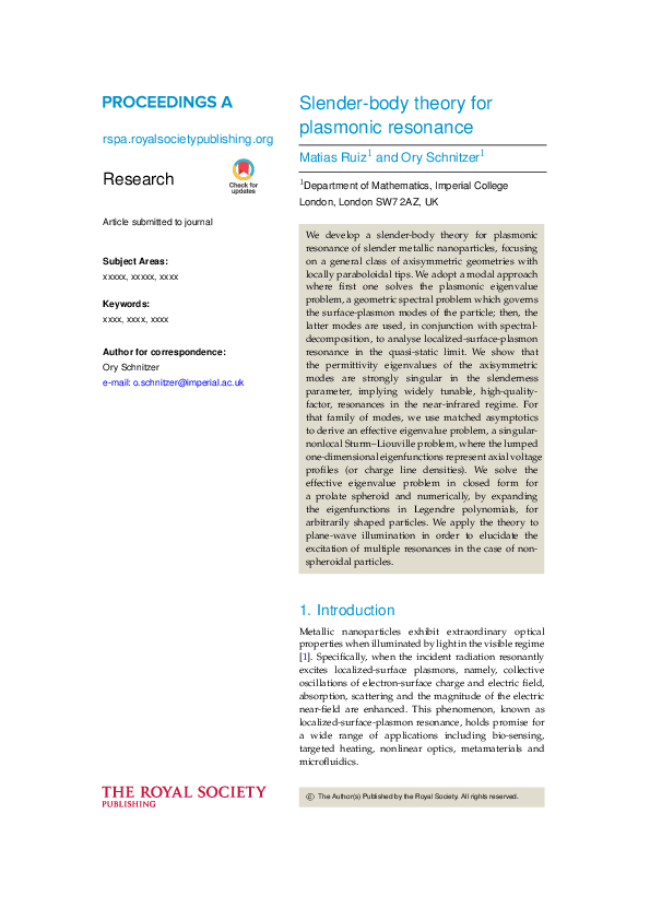 (PDF) Slender-body theory for plasmonic resonance