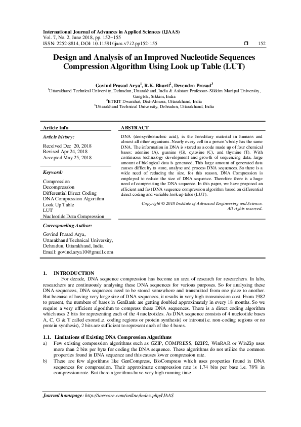 Pdf Design And Analysis Of An Improved Nucleotide Sequences Compression Algorithm Using Look 
