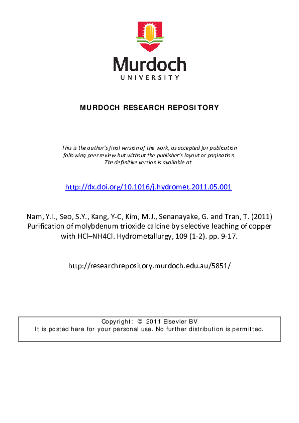 (PDF) Purification of molybdenum trioxide calcine by selective leaching ...