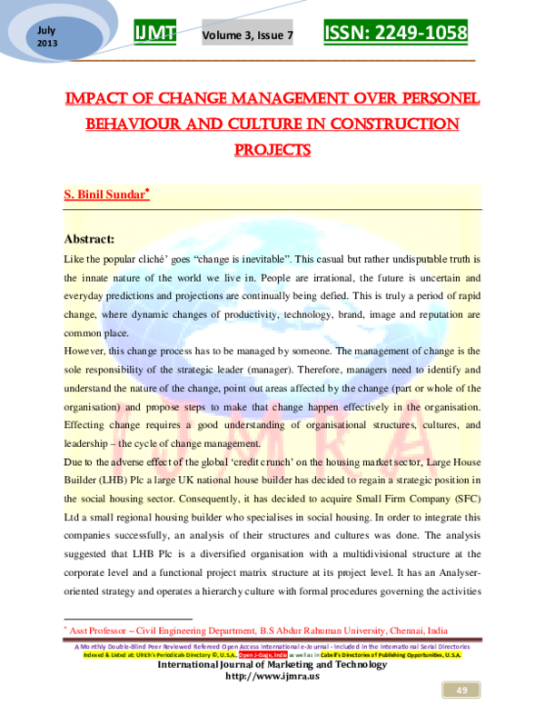(PDF) IMPACT OF CHANGE MANAGEMENT OVER PERSONEL BEHAVIOUR AND CULTURE ...