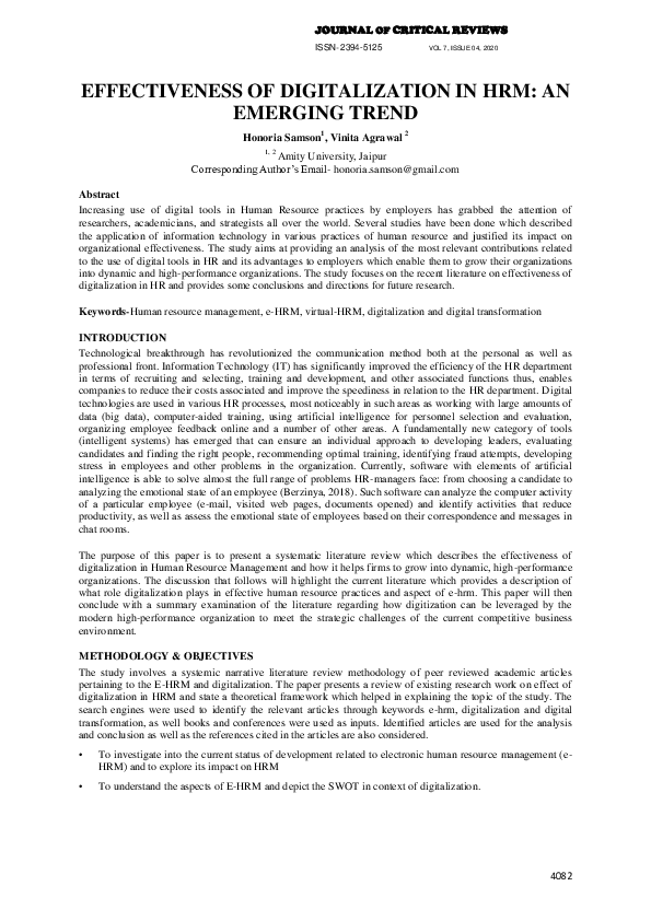 (PDF) EFFECTIVENESS OF DIGITALIZATION IN HRM: AN EMERGING TREND