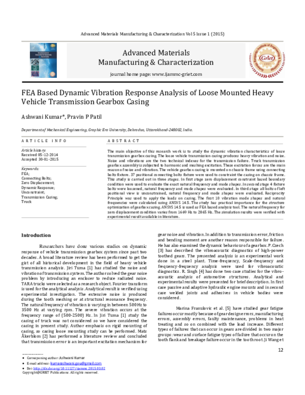 (PDF) FEA Based Dynamic Vibration Response Analysis of Loose Mounted Heavy Vehicle Transmission ...