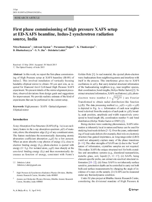 (PDF) First phase commissioning of high pressure XAFS setup at ED-XAFS ...