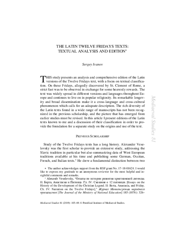 (PDF) The Latin Twelve Fridays Texts: Textual Analysis and Edition