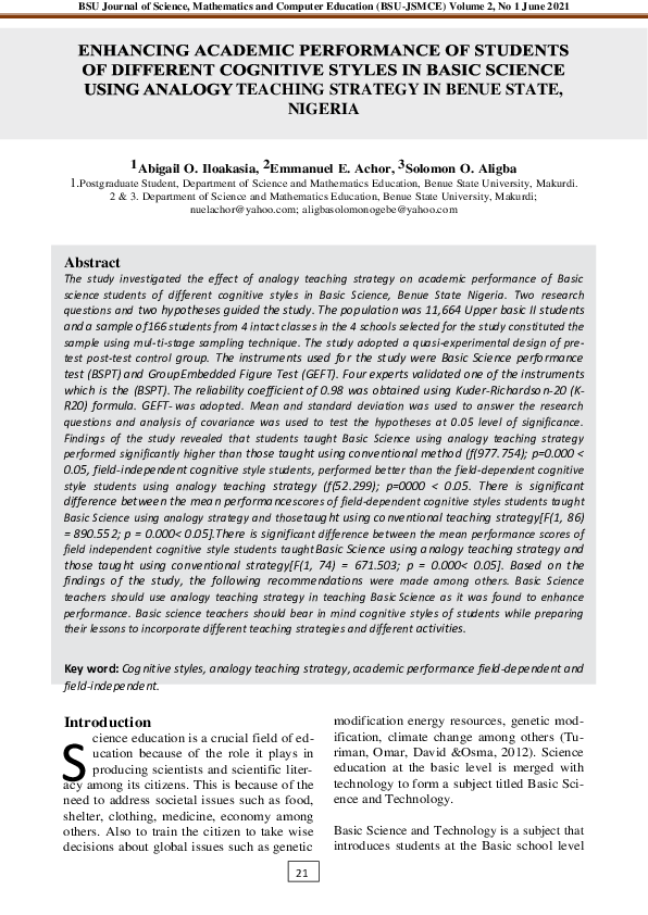 (PDF) ENHANCING ACADEMIC PERFORMANCE OF STUDENTS OF DIFFERENT COGNITIVE STYLES IN BASIC SCIENCE ...