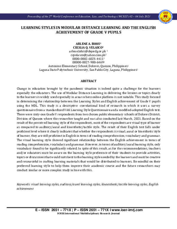 (PDF) LEARNING STYLES IN MODULAR DISTANCE LEARNING AND THE ENGLISH ...