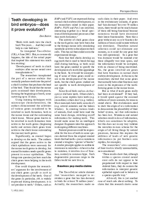 (PDF) Teeth developing in bird embryos—does it prove evolution?