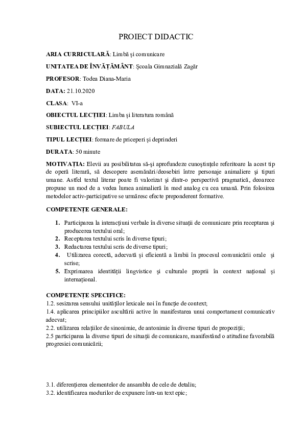 (DOC) PROIECT DIDACTIC ARIA CURRICULARĂ: Limbă și comunicare
