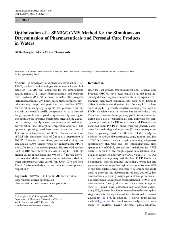 (PDF) Optimization of a SPME/GC/MS Method for the Simultaneous Determination of Pharmaceuticals ...