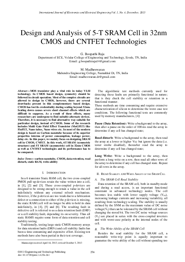 Pdf Design And Analysis Of 5 T Sram Cell In 32nm Cmos And Cntfet Technologies