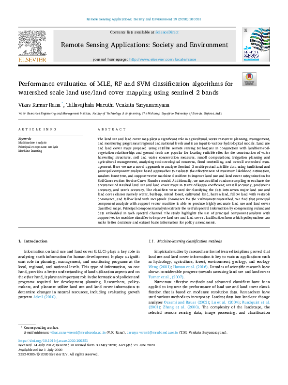 Pdf Performance Evaluation Of Mle Rf And Svm Classification Algorithms For Watershed Scale