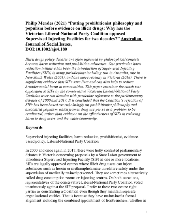 (DOC) Philip Mendes (2021) "Putting prohibitionist philosophy and ...