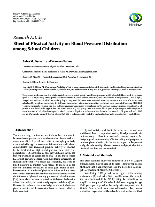 (PDF) Effect of Physical Activity on Blood Pressure Distribution among ...