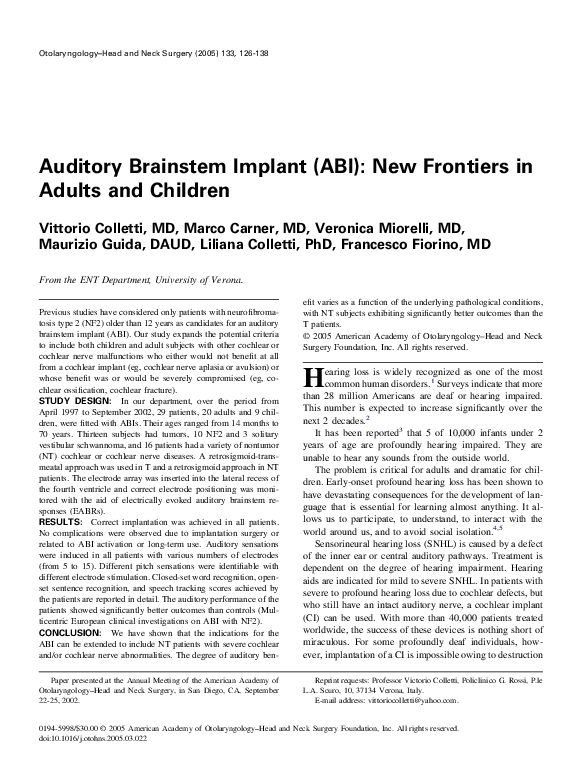 (PDF) Auditory Brainstem Implant (ABI): New Frontiers in Adults and ...