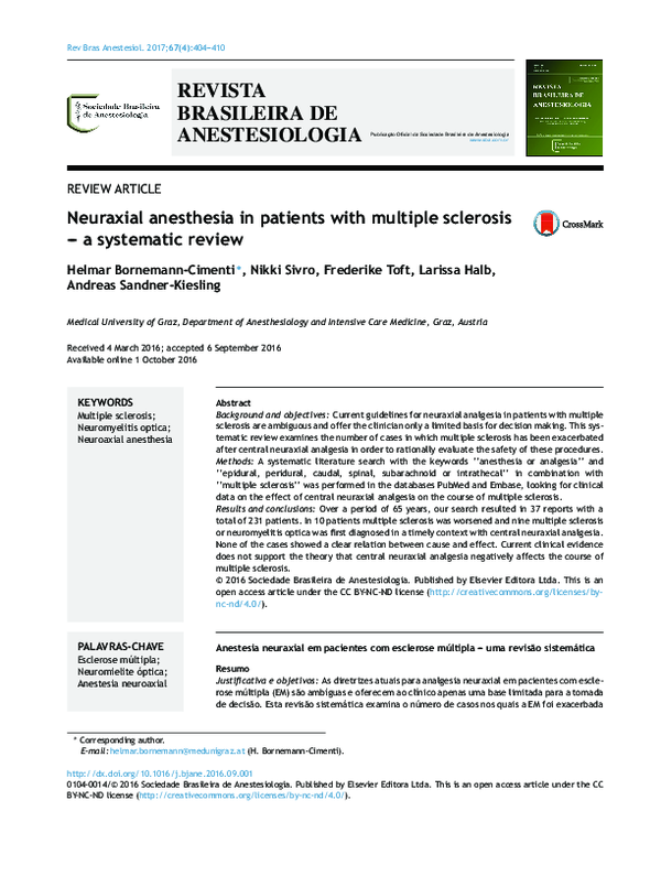 (PDF) Neuraxial anesthesia in patients with multiple sclerosis – a ...