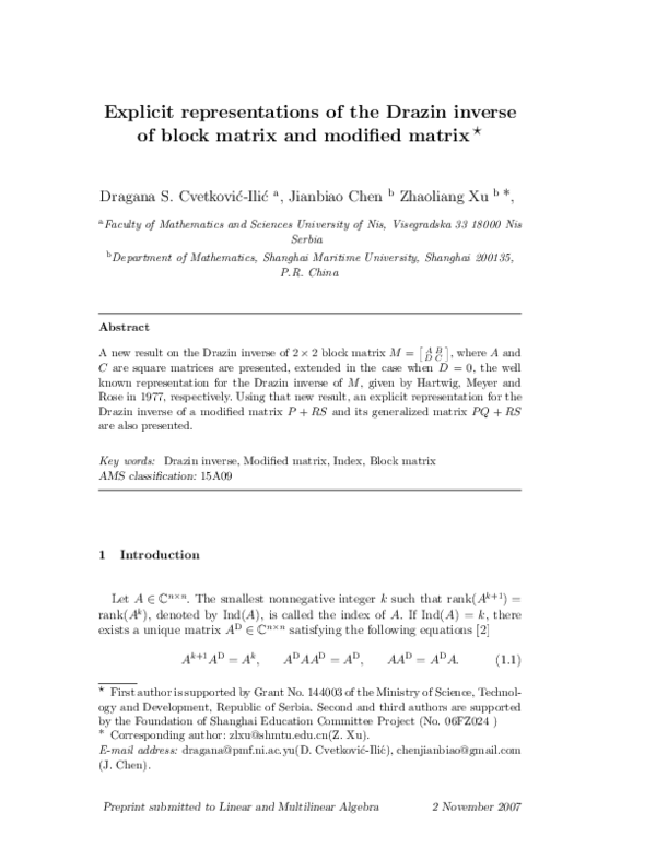 (PDF) Explicit representations of the Drazin inverse of block matrix and modified matrix