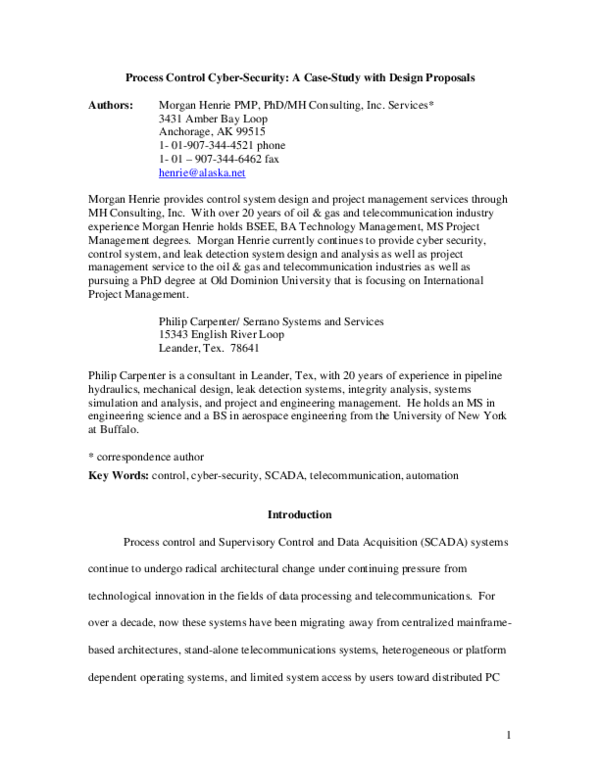 (PDF) Process Control Cyber-Security: A Case-Study with Design Proposals