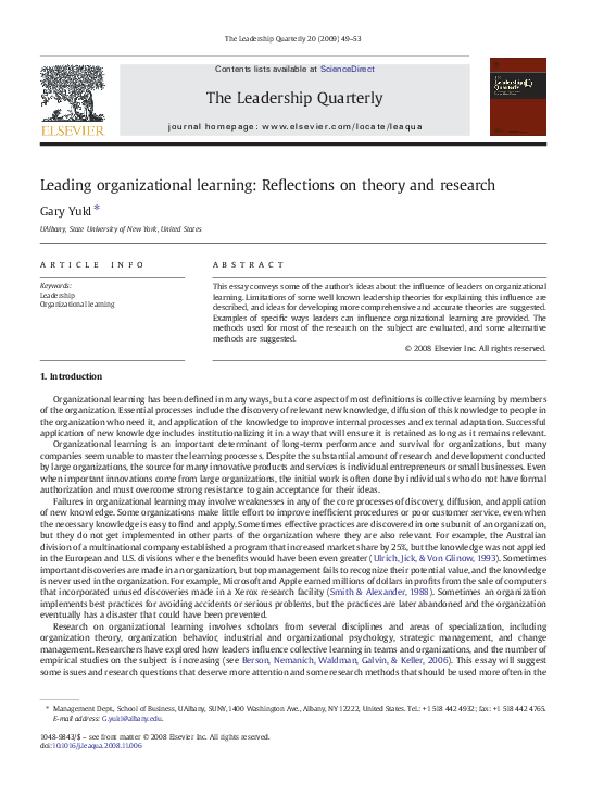 (PDF) Leading organizational learning: Reflections on theory and research