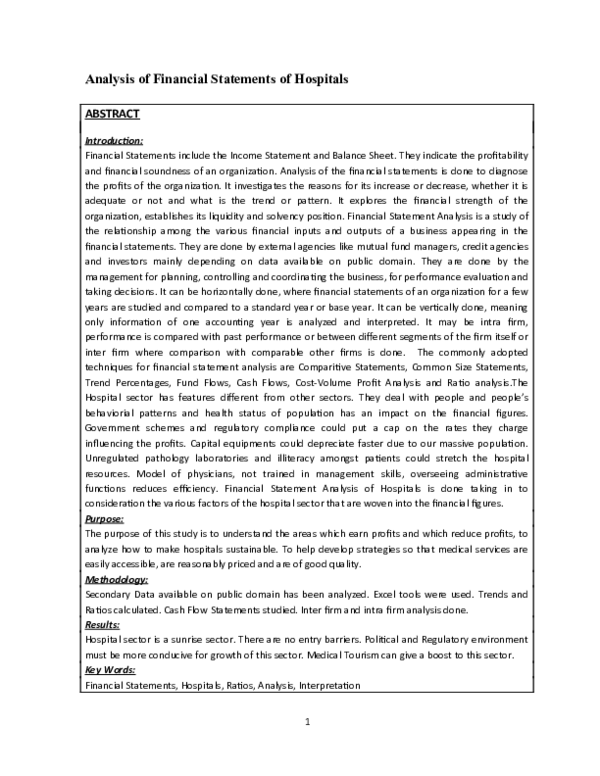 (DOC) Analysis of Financial Statements of Hospitals