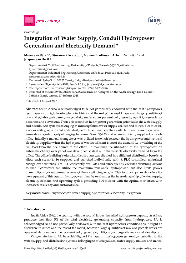 (PDF) Integration of Water Supply, Conduit Hydropower Generation and ...