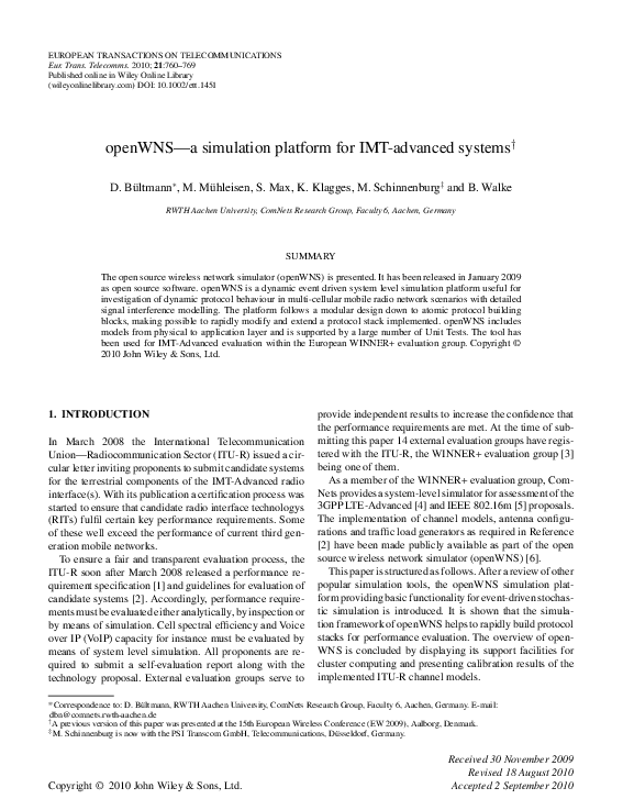 (PDF) openWNS-a simulation platform for IMT-advanced systems