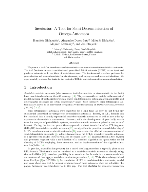 (PDF) Seminator: A Tool for Semi-Determinization of Omega-Automata