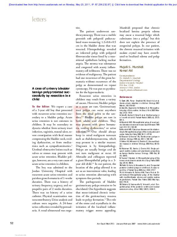 (PDF) A case of urinary bladder benign polyp treated successfully by ...