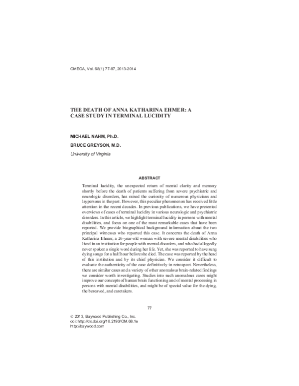 (PDF) The Death of Anna Katharina Ehmer: A Case Study in Terminal Lucidity