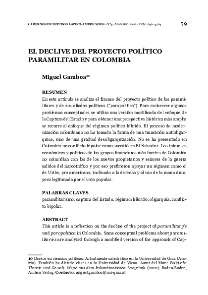 (PDF) El declive del proyecto político paramilitar en Colombia