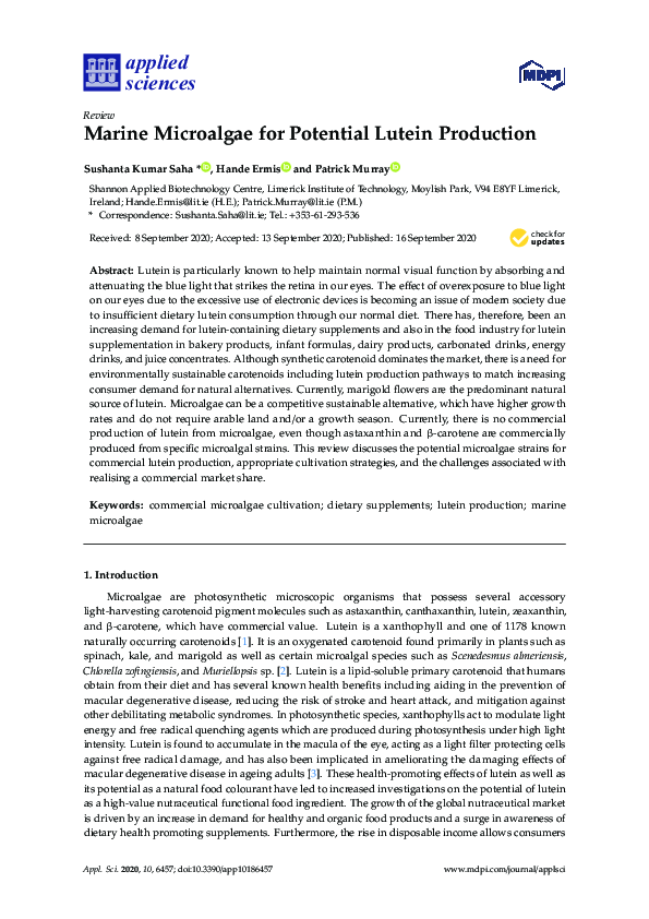 (PDF) Marine Microalgae for Potential Lutein Production