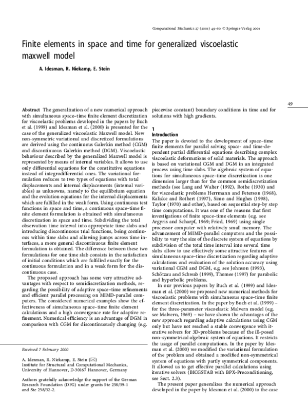 Pdf Finite Elements In Space And Time For Generalized Viscoelastic Maxwell Model