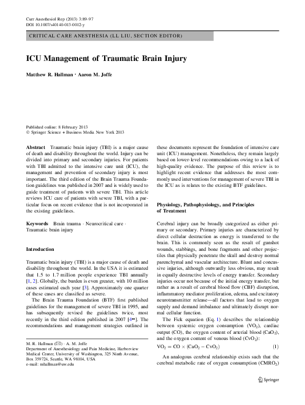 (PDF) ICU Management of Traumatic Brain Injury